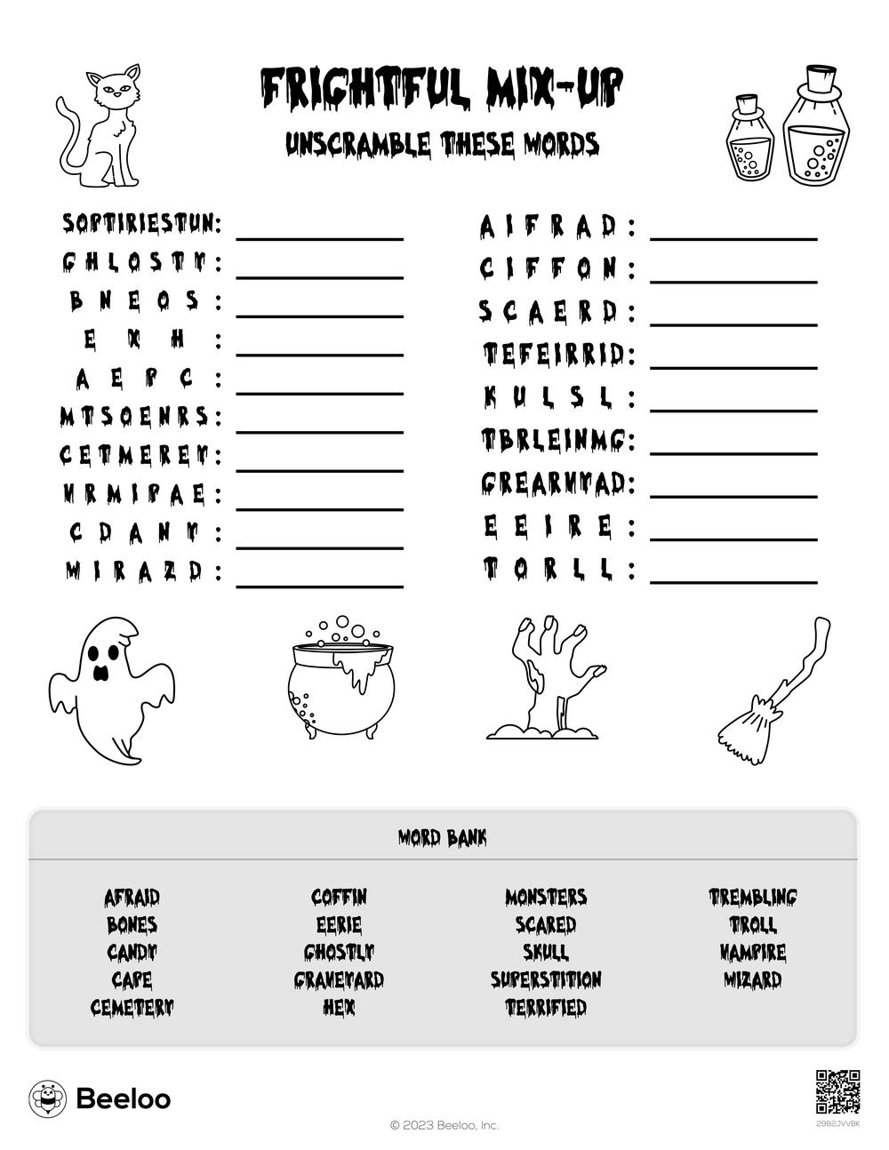 Halloween themed Word Scrambles Beeloo Printables