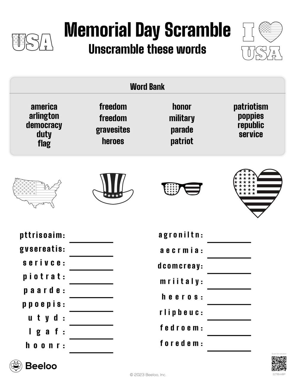 Memorial Day themed Word Scrambles Beeloo Printable Crafts And