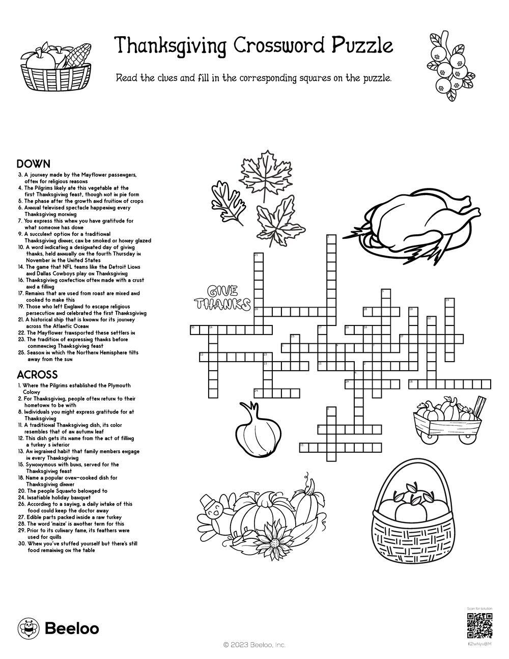 Thanksgiving Crossword Puzzle Beeloo Printable Crafts And Activities