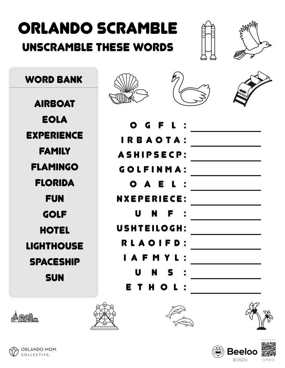 Orlando themed Word Scrambles Beeloo Printables