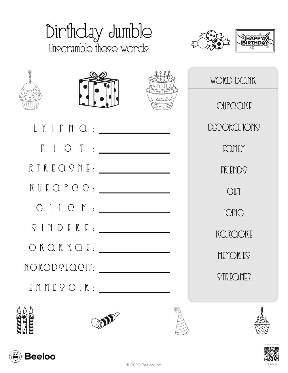 Birthday themed Word Scrambles Beeloo Printables