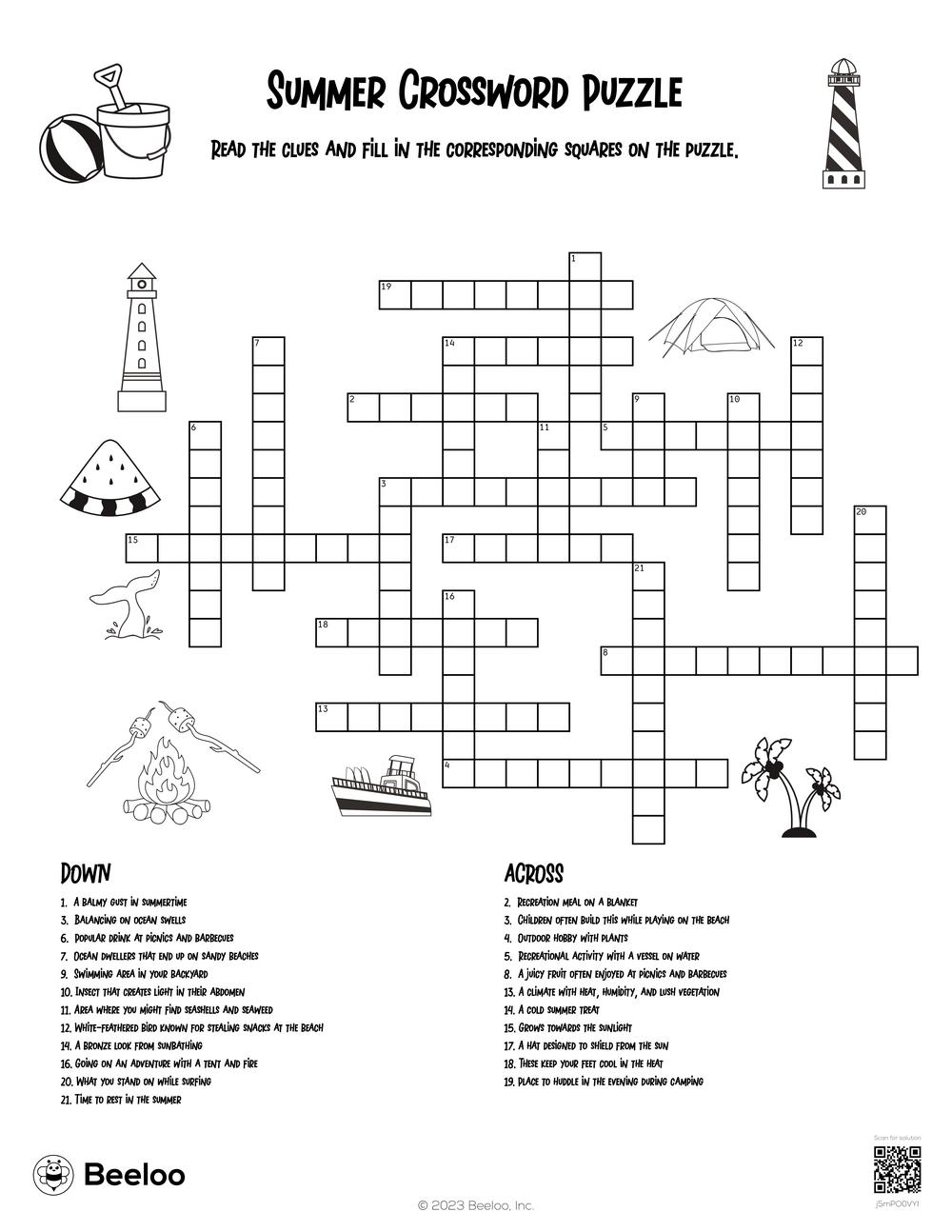 Summer themed Crossword Puzzles Beeloo Printable Crafts And