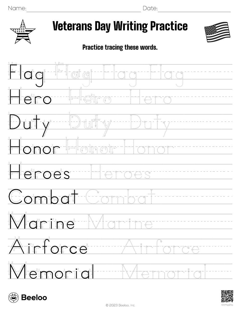 Veterans Day Writing Practice Beeloo Printable Crafts And Activities