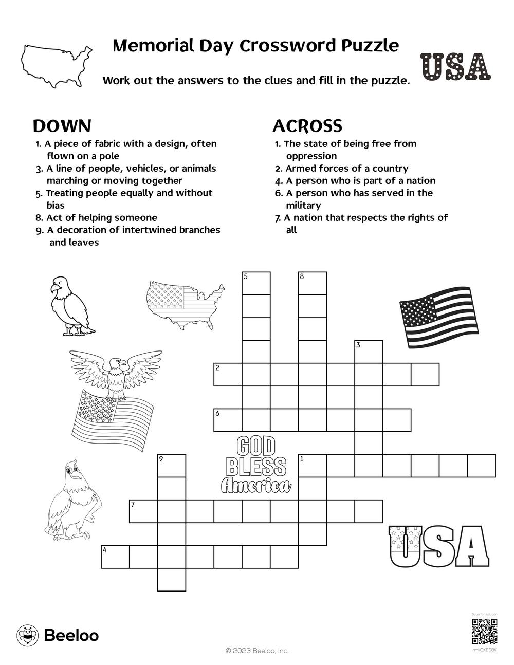 Memorial Day Crossword Puzzle Beeloo Printable Crafts And Activities