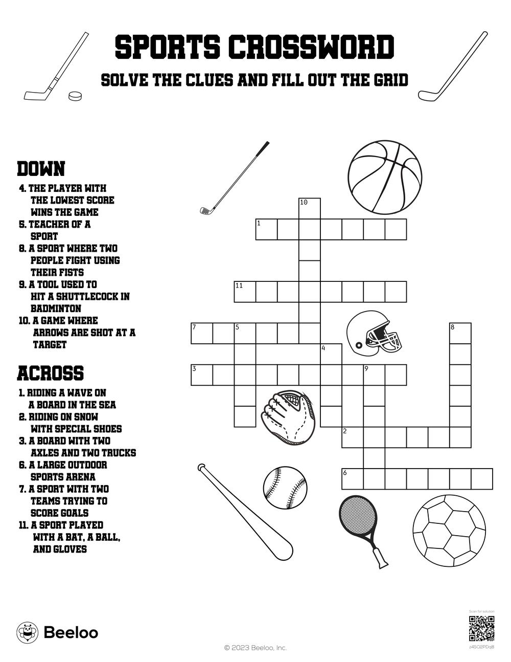 Sports themed Crossword Puzzles Beeloo Printables